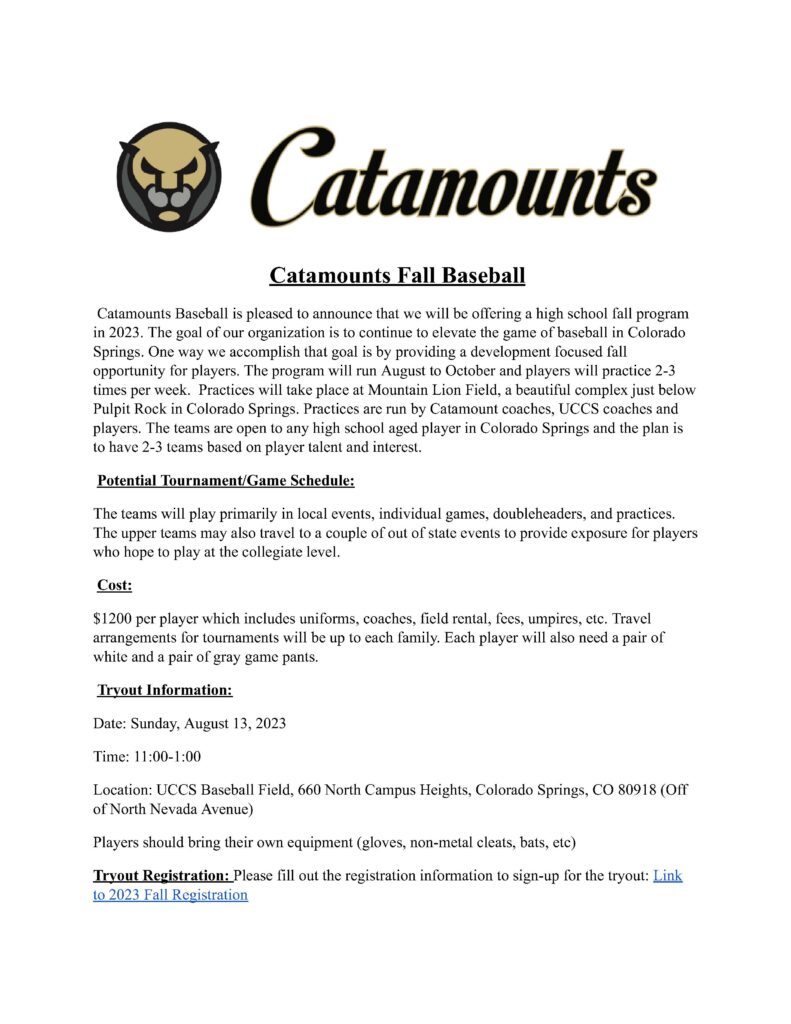Catamount High School Tryouts - Catamounts Baseball